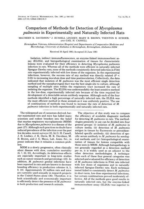 Pdf Comparison Of Methods For Detection Of Mycoplasma Pulmonis In Experimentally And Naturally