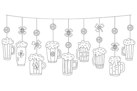 성 패트릭의 날을 위한 손으로 그린 낙서 화환 검은 윤곽선 맥주잔 토끼풀 동전이 들어 있습니다 색칠 공부 페이지 파티 장식 및 공예 프로젝트에 이상적입니다 0명에 대한 스톡