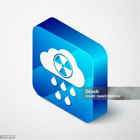 아이소메트릭 산 비와 흰색 배경에 고립 된 방사성 구름 아이콘입니다 환경에서 유독 대기오염의 영향 파란색 사각형 버튼을 클릭