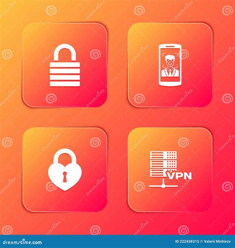 Set Lock Mobile And Face Recognition Castle In The Shape Of Heart And Server Vpn Icon Vector