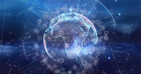 Image Of Globe With Network Of Connections With Icons Over Blue Globe Stock Illustration