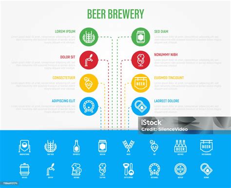 복사 공간이있는 맥주 양조장 인포 그래픽 템플릿 제조 공예 탭 머그컵 튤립 파인트 밀 홉 병 따개 배럴 가는 선 아이콘입니다 바
