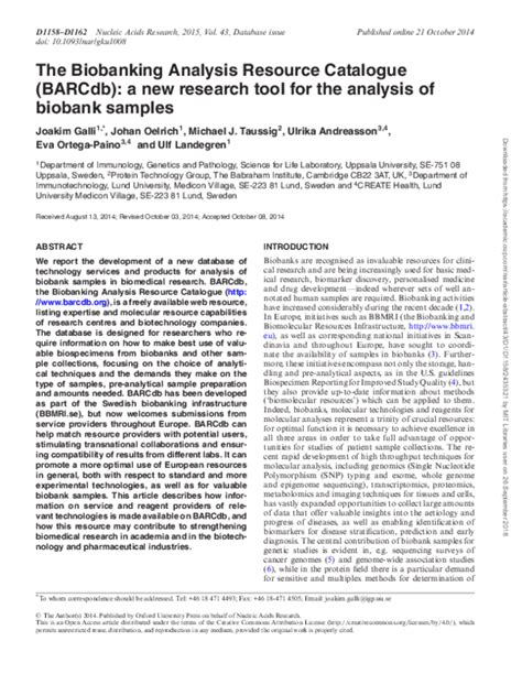 Pdf The Biobanking Analysis Resource Catalogue Barcdb A New Research Tool For The Analysis