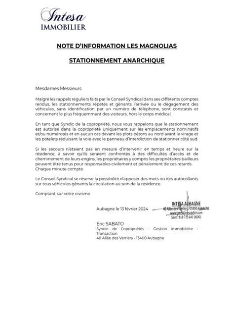 Note Aux Copro Stationnement Intesa Pdf