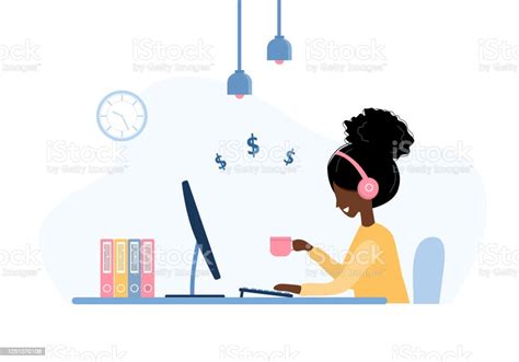 여성 프리랜서 테이블에 앉아 노트북과 헤드폰에 아프리카 소녀 가정에서 일하고 공부하고 교육 의사 소통 건강한 라이프 스타일을위한 개념 그림 플랫 스타일의 벡터입니다 노트북에