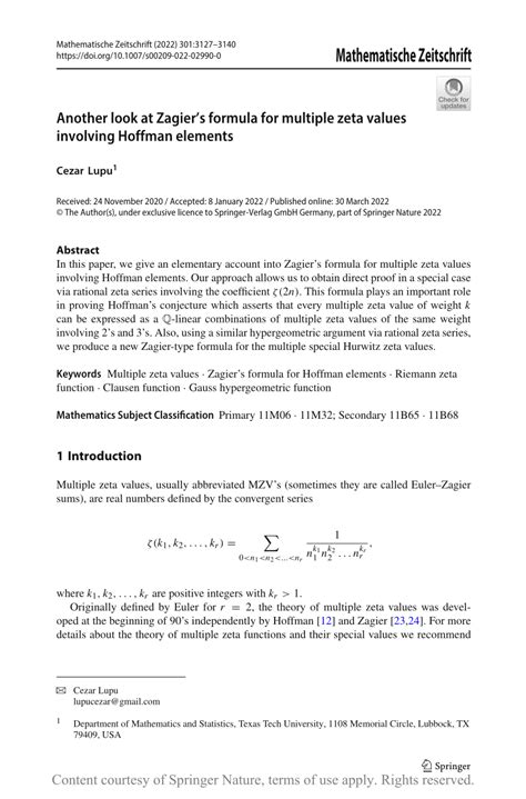 Another Look At Zagiers Formula For Multiple Zeta Values Involving