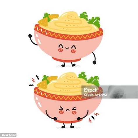 귀여운 재미 슬프고 행복한 전통적인 허머스 그릇 캐릭터 벡터 플랫 만화 가와이 캐릭터 일러스트 아이콘 흰색 배경에 격리 허머스 그릇 아랍 음식 만화 캐릭터 개념 후머스에