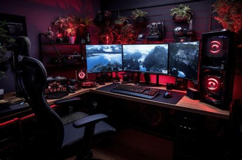 Premium Photo A Computer Desk With Three Monitors And A Keyboard