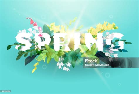 파란색 배경에 밝은 봄 디자인입니다 꽃 녹색에서 장식으로 볼륨 비문 나뭇잎과 식물의 분 지 햇빛의 효과입니다 벡터 일러스트 레이 션 3차원 형태에 대한 스톡 벡터 아트 및