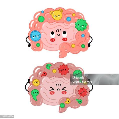 귀여운 재미있는 장 기관 캐릭터 건강 하고 건강에 해로운 미생물 창 자 개념에 좋은 나쁜 박테리아 벡터 만화 가와이 캐릭터 일러스트 아이콘 흰색 배경에 격리 가공의 인물에