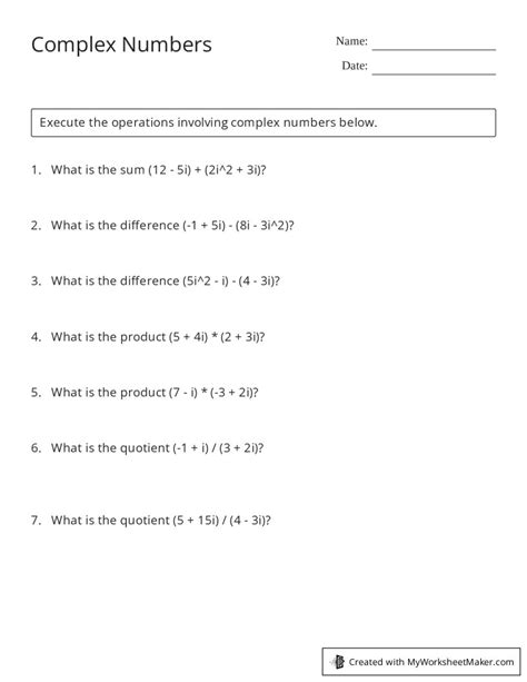 Complex Numbers My Worksheet Maker Create Your Own Worksheets