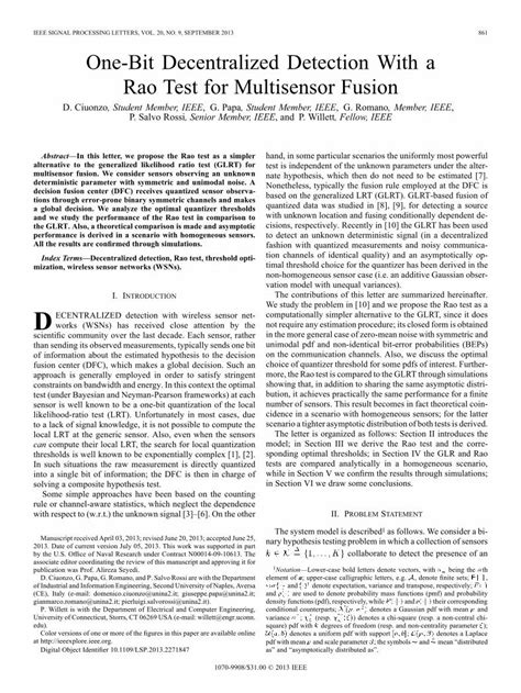 Pdf One Bit Decentralized Detection With A Rao Test For Multisensor Fusion Dokumentips
