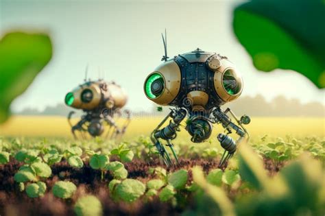 Two Robots Standing In The Middle Of Field Generative Ai Stock Illustration Illustration Of