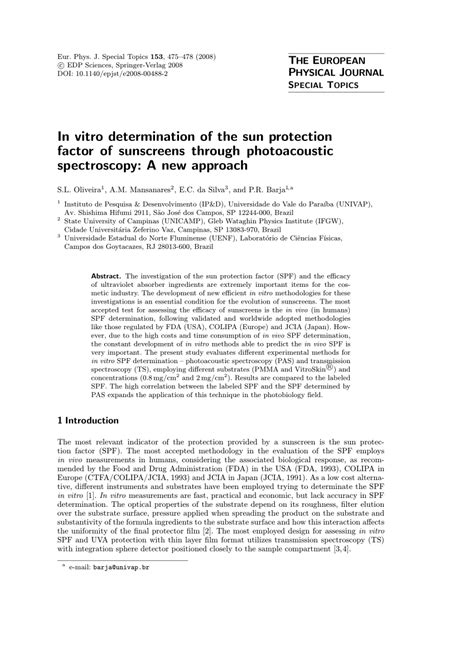 Pdf In Vitro Determination Of The Sun Protection Factor Of Sunscreens