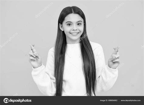 Joyful Teenager Girl Fingers Crossed Makes Desirable Wish Waits Good