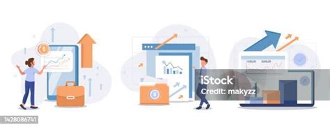 재무 그림 집합입니다 주식 시장에 돈을 투자하는 캐릭터 재무 그래프 최신 주식 시장 뉴스 및 기타 데이터를 분석하는 사람들 주식 거래 개념 벡터 일러스트레이션 개념에 대한