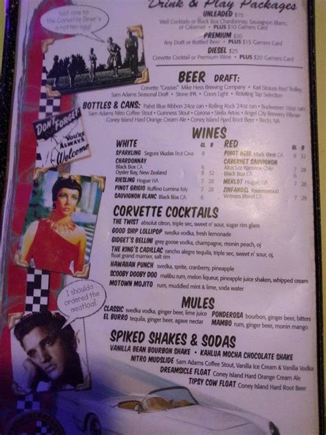 Menu At Corvette Diner Restaurant San Diego Historic Decatur Rd