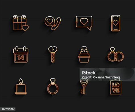 세트 라인 불타는 촛불 결혼 반지 선물 상자 심장 키 모양 발렌타인 데이 파티 전단지 아이콘 벡터 Brand Name Smart Phone에 대한 스톡 벡터 아트 및 기타