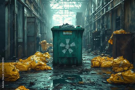 Ominous Scene Of A Green Radioactive Waste Container Surrounded By