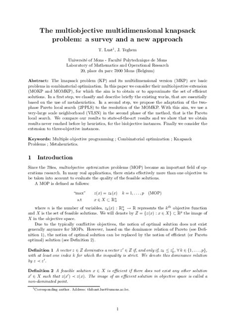 Pdf The Multiobjective Multidimensional Knapsack Problem A Survey