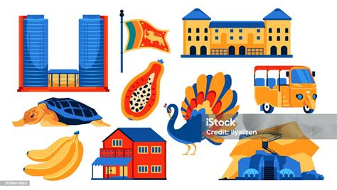 National Signs Of Sri Lanka Flat Design Style Objects Set Stock