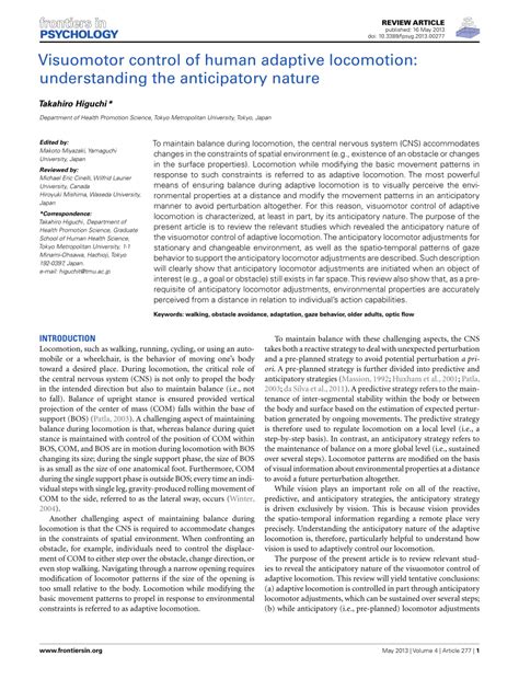 Pdf Visuomotor Control Of Human Adaptive Locomotion Understanding The Anticipatory Nature