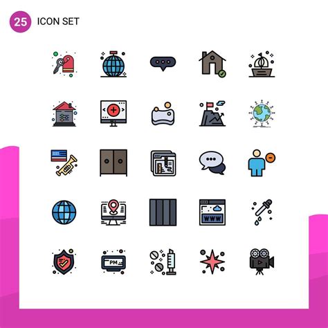 Mobile Interface Filled Line Flat Color Set Of 25 Pictograms Of Ocean House Bubble Estate Check