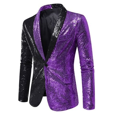 Quealent Men Black Sequin Shiny Prom Suit Jacket One Button Slim Fit