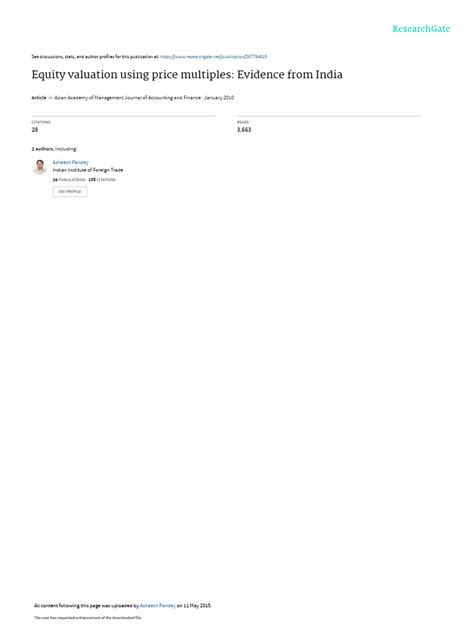 Equity Valuation Using Price Multiples Evidence Fr Pdf Valuation
