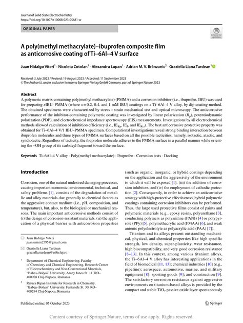 A Poly Methyl Methacrylate Ibuprofen Composite Film As Anticorrosive Coating Of Ti 6al 4 V