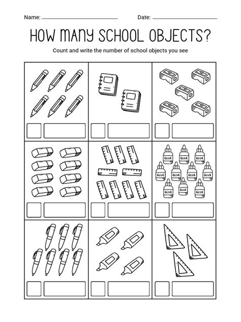 How Many School Objects Math Worksheet In Monochromatic Handdrawn Style Pdf