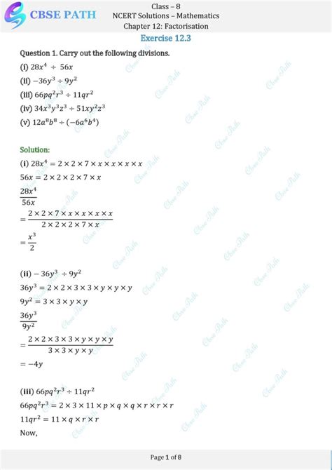 Ncert Solutions For Class 8 Maths Exercise 12 3 Factorisation Cbse Path