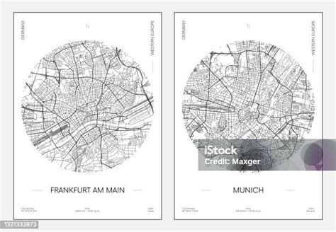 여행 포스터 도시 거리 계획 도시 지도 프랑크푸르트 암 메인과 뮌헨 벡터 일러스트 뮌헨에 대한 스톡 벡터 아트 및 기타 이미지