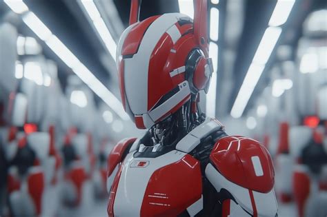 Red And White Humanoid Robot In A Sleek Modern Setting Symbolizing