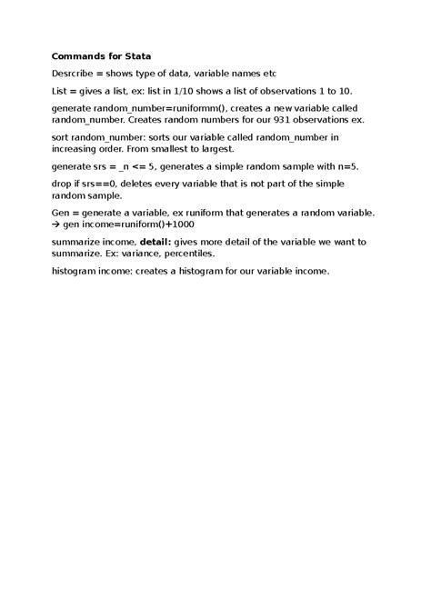 Stata Commands Commands For Stata Desrcribe Shows Type Of Data Variable Names Etc List