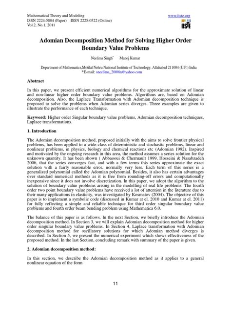 Adomian Decomposition Method For Solving Higher Order Boundary Value Problems Pdf Numerical
