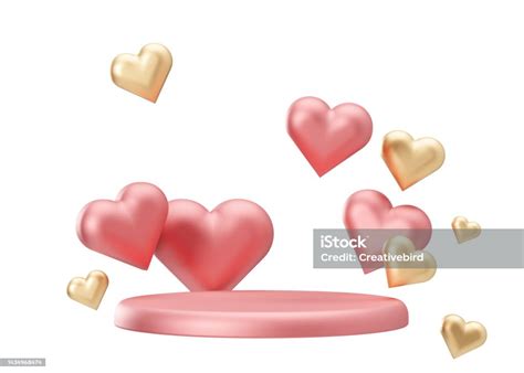 황금색과 분홍색 하트가 공중에서 날아다니는 분홍색 연단 흰색 배경에 격리되어 있습니다 발렌타인 데이 결혼식 기념일 제품 화장품