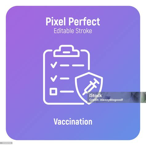 코로나바이러스 예방 접종 계획 체크 마크가있는 클립 보드 주사기가있는 방패 면역 체계 얇은 선 아이콘입니다 픽셀 완벽 편집