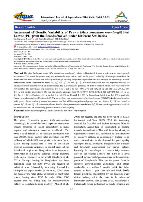 Pdf Assessment Of Genetic Variability Of Prawn Macrobrachium Rosenbergii Post Larvae Pl
