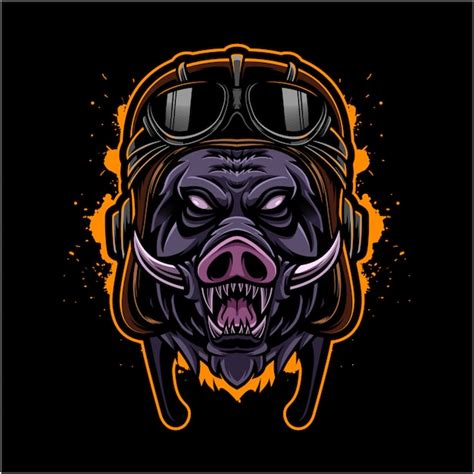Angry Hog Vintage Logo Style Avec Casque Pilote Vecteur Premium