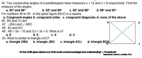Solved 45 Two Consecutive Angles Of A Parallelogram Have Measures X 12 And X 8 Respectively