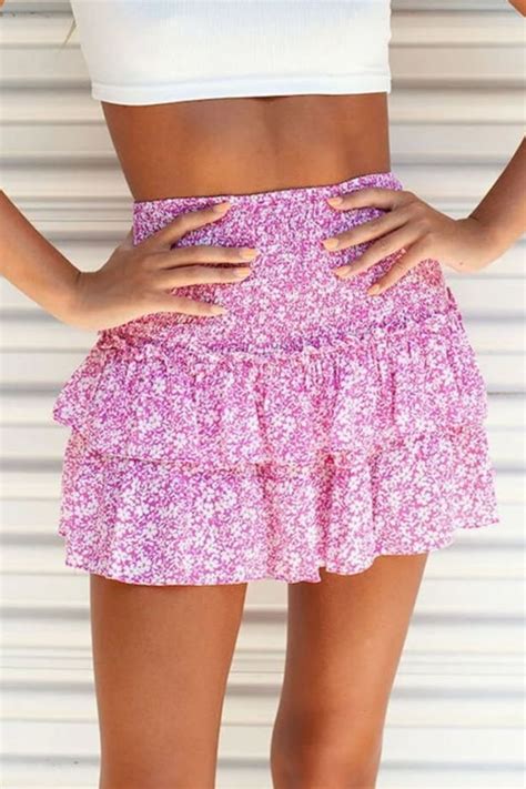 Printed Frill Trim Smocked Mini Skirt Pastel Blue L Mini Skirts