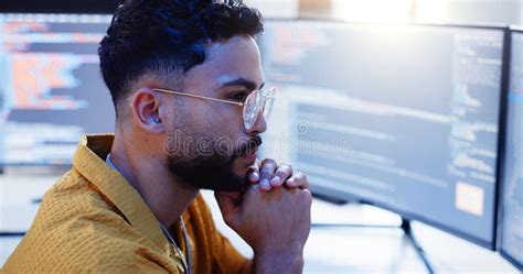 Serious Man And Coding With Computer Screen For Cybersecurity