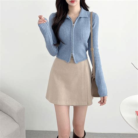 💕후기굿 도톰💕투웨이지퍼 보송 골지 크롭 니트 집업 카라 가을 겨울 가디건 에이블리