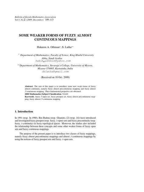 Some Weaker Forms Of Fuzzy Almost Continuous Mappings On Bulletin Of Kerala Mathematics