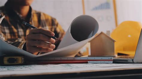 Construction Engineer Working At Blueprint To Build Large Commercial Buildings In Office