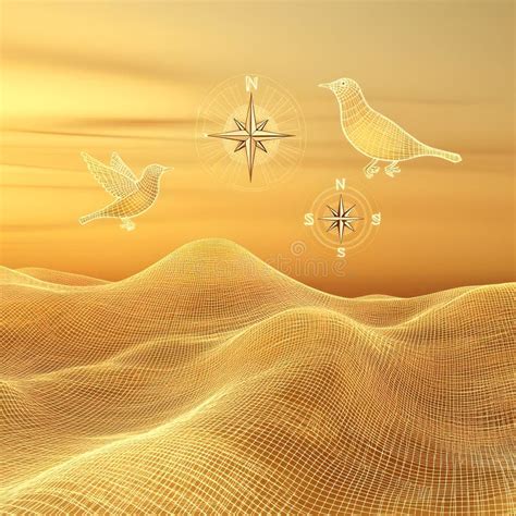 Breathtaking Wireframe Landscape With Floating Compass And Bird Icons