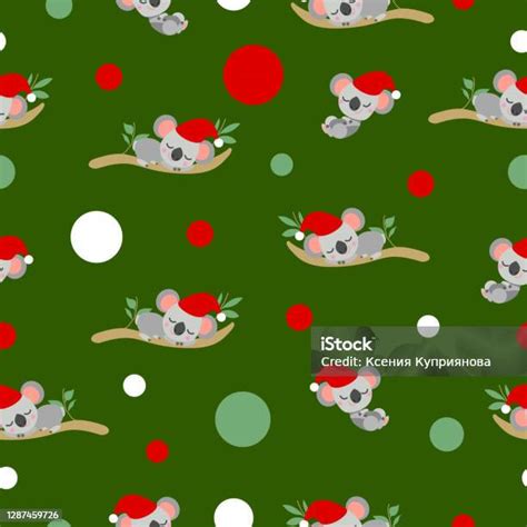 유칼립투스 지점에서 자고있는 빨간 크리스마스 모자에 코알라 아기와 원활한 패턴 녹색 배경입니다 흰색 빨간색 및 녹색 색종이 엽서 섬유 벽지 및 포장지 가공의 인물에 대한