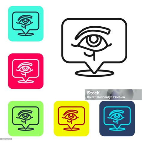 검은 선 호루스의 눈 아이콘은 흰색 배경에 분리되어 있습니다 고대 이집트 여신 Wedjet은 보호 왕권 및 건강의 상징입니다 색상 사각형 버튼으로 아이콘을 설정합니다 벡터