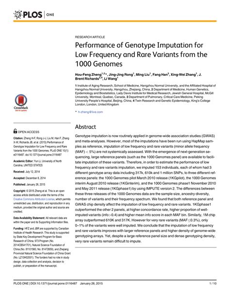 Pdf Performance Of Genotype Imputation For Low Frequency And Rare Variants From The 1000 Genomes